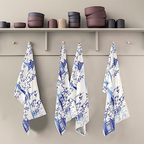 pnyoin Vintage Ink Pagodas Chinoiserie Style Kitchen Dish Towels with Hanging Loop Dishcloths Dish Rags Bar & Tea Towels Highly Absorbent Set of 4 for Cooking Drying Cleaning 18x28in