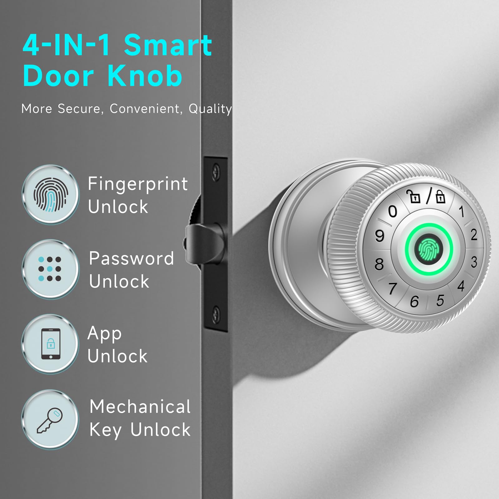 Fingerprint Door Lock,Smart Door Knob,biometric lock, keypad entry,keyless handle.Ideal for bedroom,home,hotel,office,apartment.Enhances security & convenience. (Silvery)