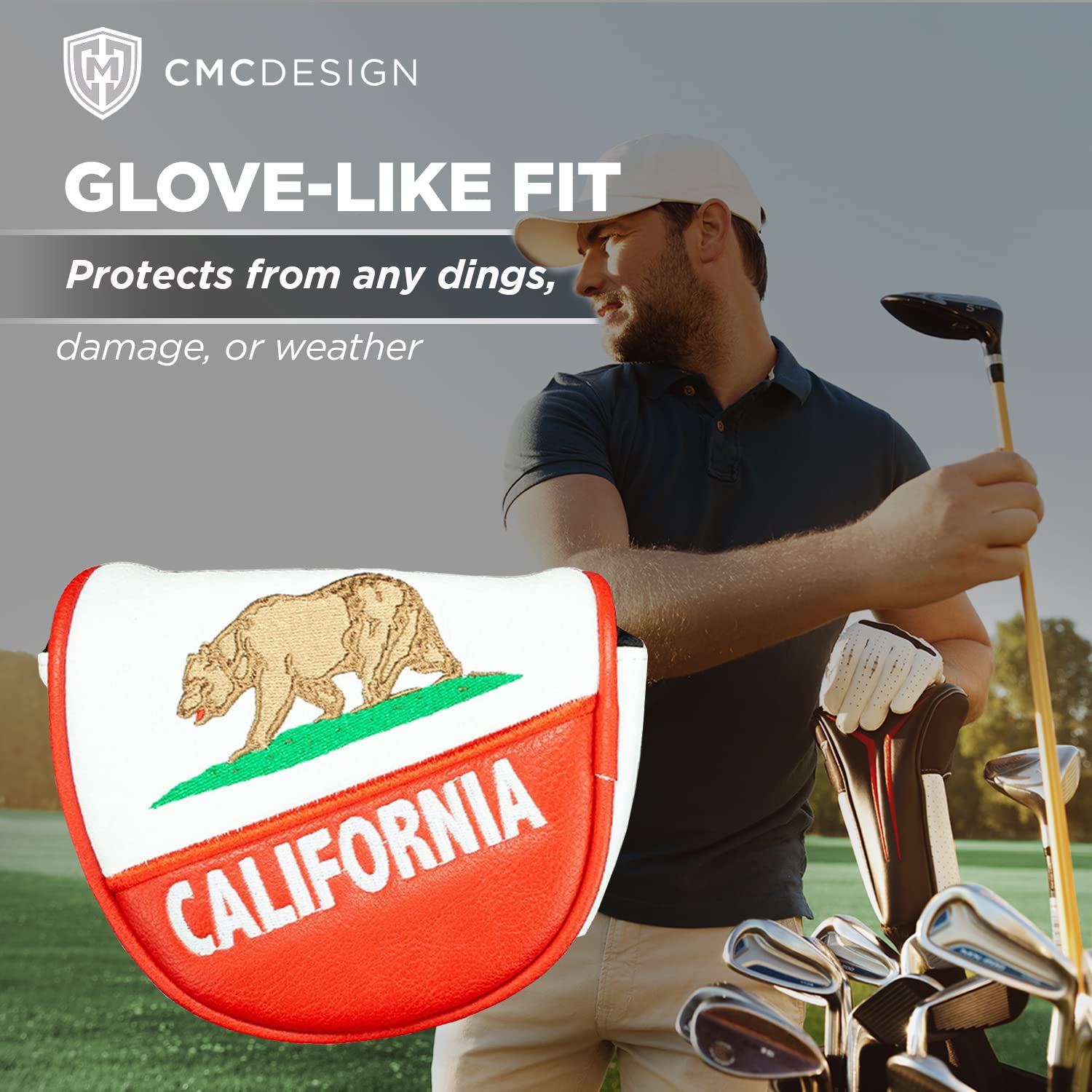 CMC Design Golf Mallet Head Cover - Custom California Bear Embroidered Golf Driver - Premium Faux Leather, Beautiful Design Elements & Soft Protective Lining β Great Fit for Any Mallet & Golfer