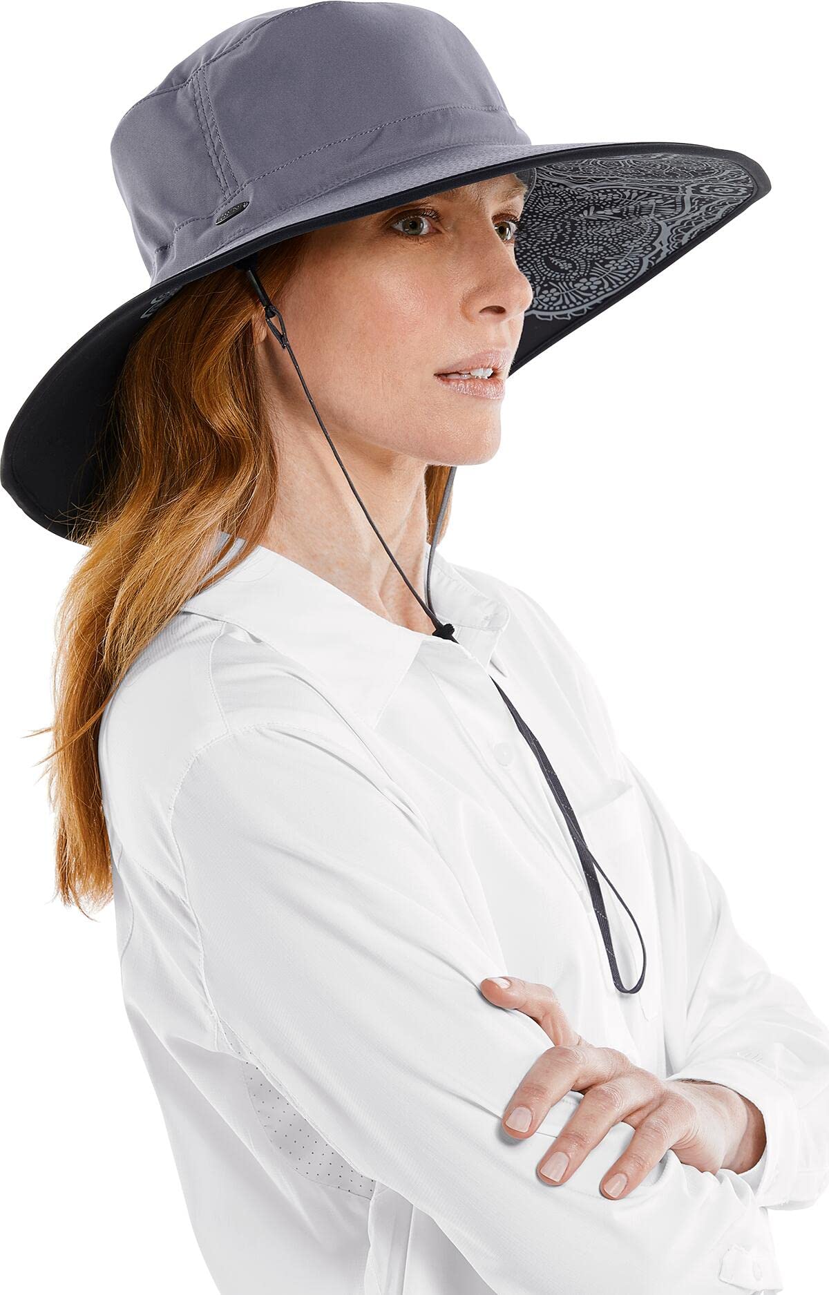 Coolibar UPF 50+ Women's Etta Shapeable Sun Catcher Hat - Sun Protective (One Size- White/Carbon Travel Medallion)