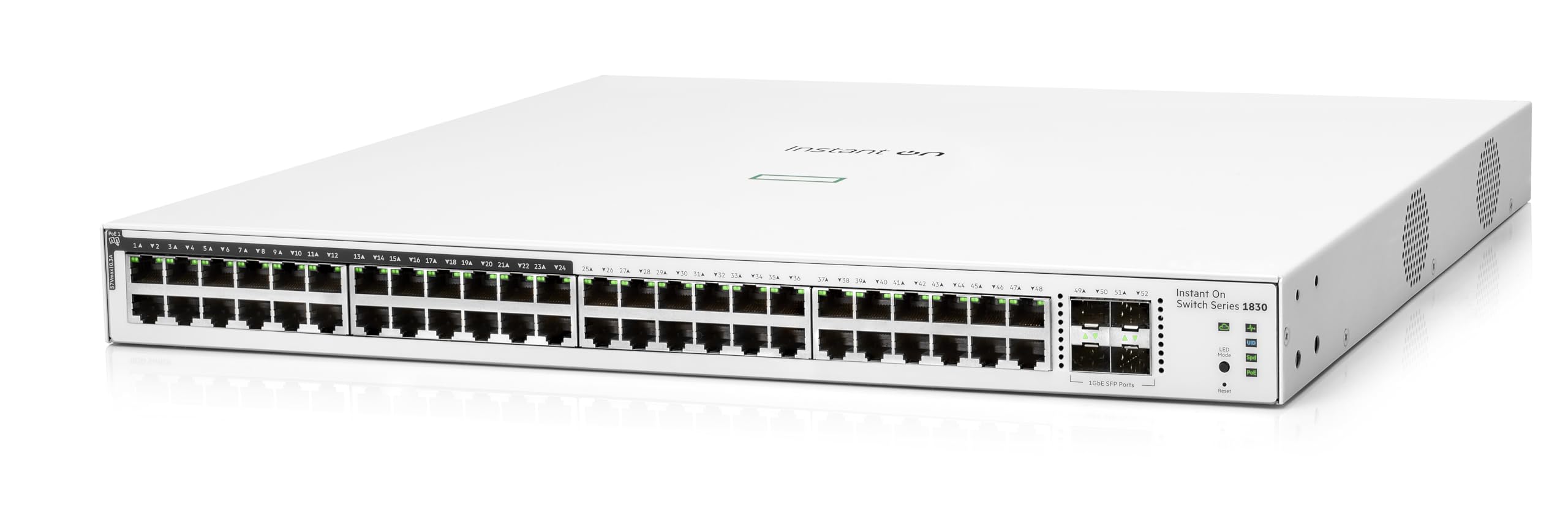 HPE Networking Instant On Switch Series 1830 48-Port Gb Smart-Managed Layer 2 Ethernet Switch with PoE | 48x 1G | 4X SFP | 24x CL4 PoE (370W) | Fan-Less | US Cord (JL815A#ABA)
