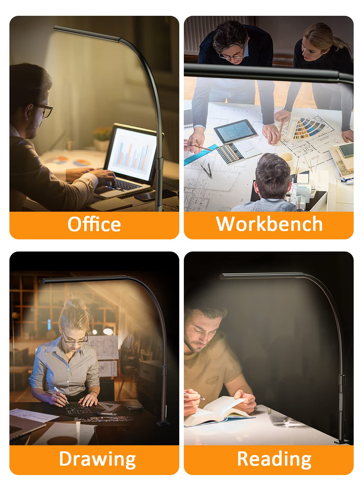 Desk Lamp for Home Office, Eye-Caring LED Desk Lamp with USB C+A Charging Port, Architect Desk Light 5 Lighting 5 Brightness, Flexible Gooseneck Clamp for Reading Study