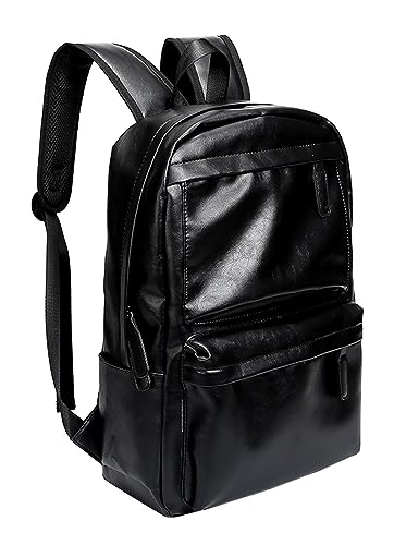 Men's 15 inch Laptop Backpack PU Leather Business Bookbag Large Capacity Casual Daypack for Work Commuting (Black)