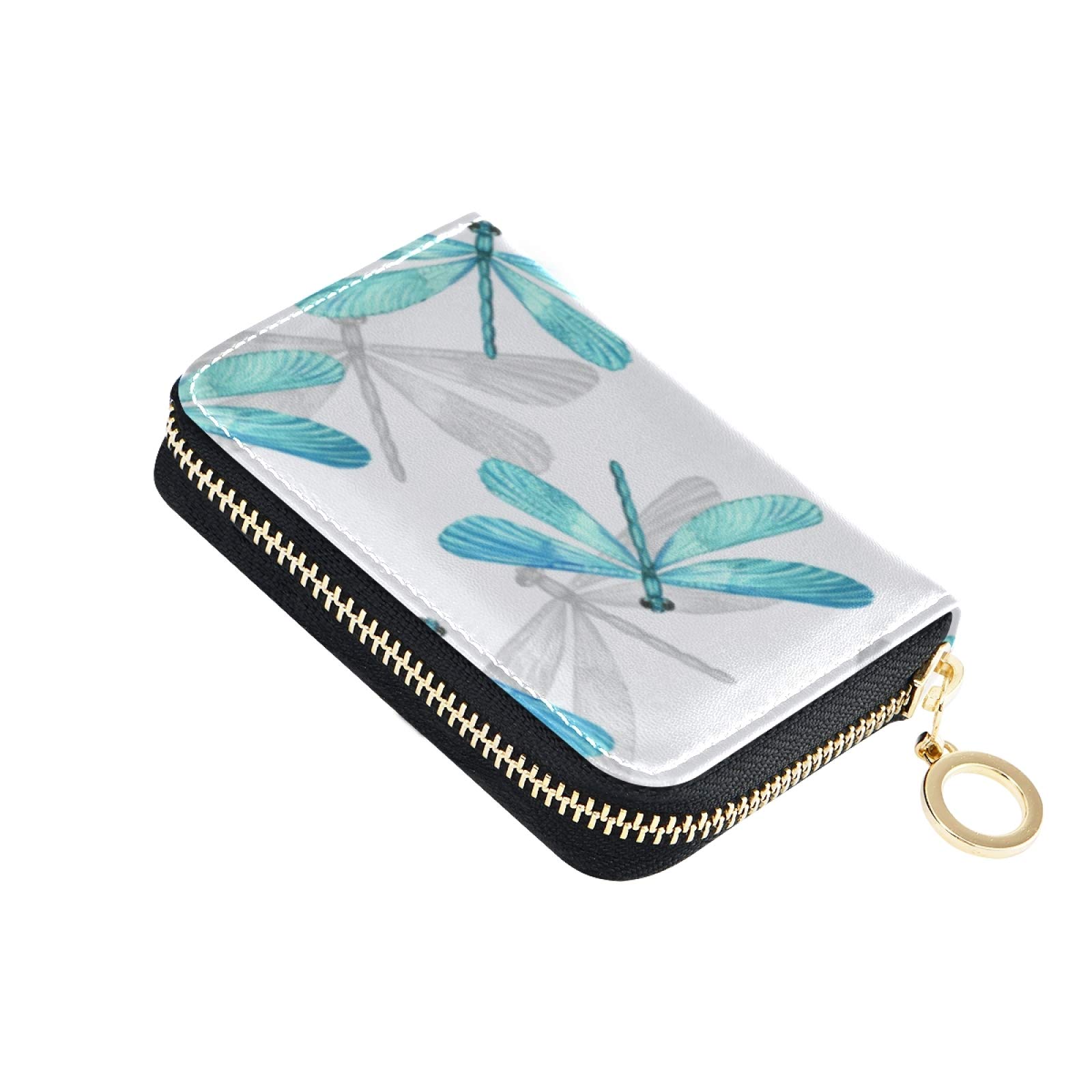 MOYYO RFID Credit Card Holder Case Watercolor Blue Dragonfly Leather Printed Zipper Card Case Wallet for Women Girls