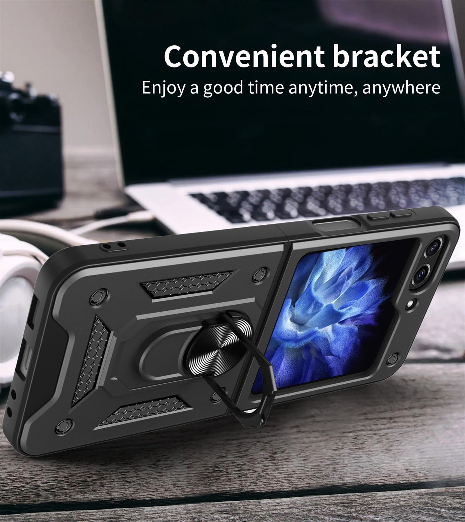 CCSmall for Samsung Galaxy Z Flip5 Case for Men, Military Grade Drop Protective Phone Cover Case with Ring Kickstand for Samsung Galaxy Z Flip 5 SJ Black