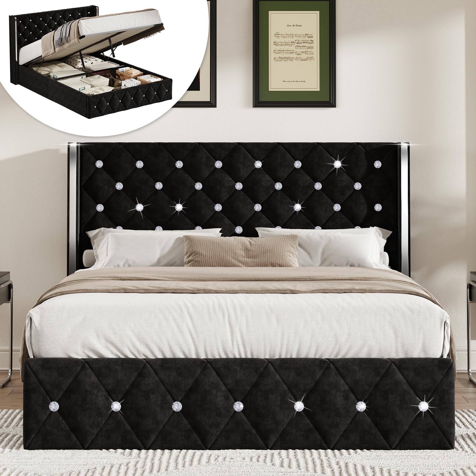 HOMBCK Full Size Bed Frame with Storage, Soft Upholstered Velvet Bed Frame with Diamond Headboard, Lift Up Storage Bed Frame with Sliver Wingback, Hydraulic Storage Bed, No Box Spring Needed, Black