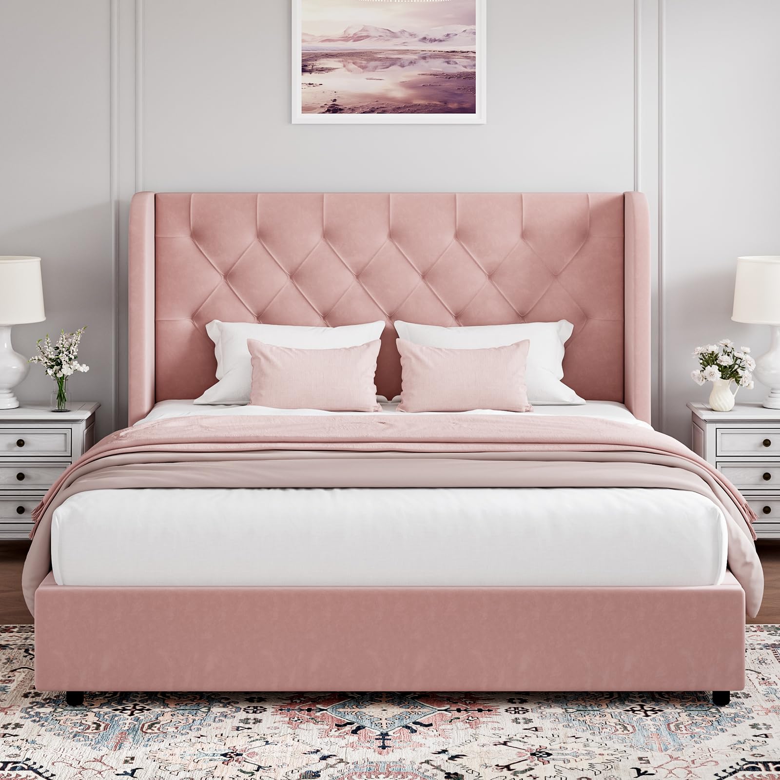 HOMBCK Queen Bed Frame, Pink Velvet Upholstered Bed Frame with Headboard and Wide Wingback, Soft Bed Frame Queen, No Box Spring Required, Noise Free, Easy Assembly, Pink