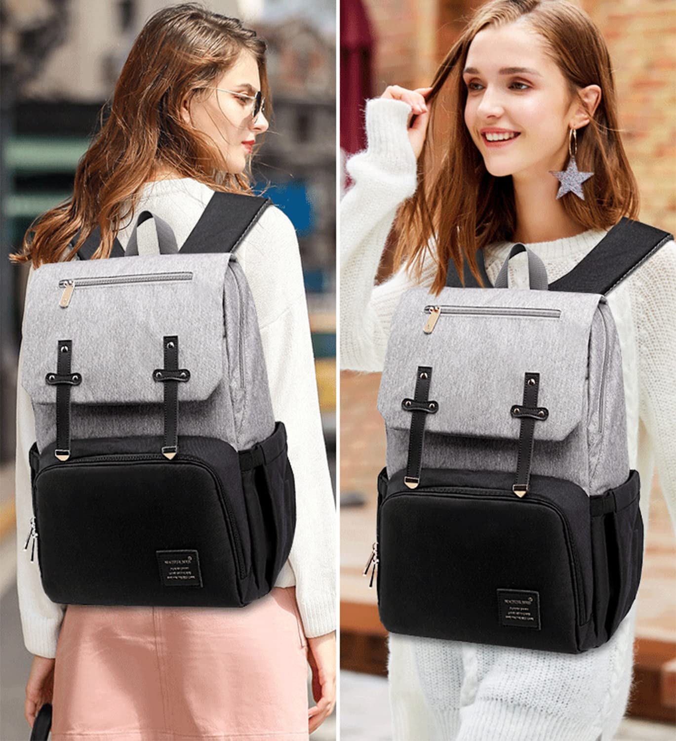 Diaper Bag Backpack, Multifunction Large Baby Bags with Charging, Unisex Stylish for Mom and Dad Travel Backpacks(Grey+Black)