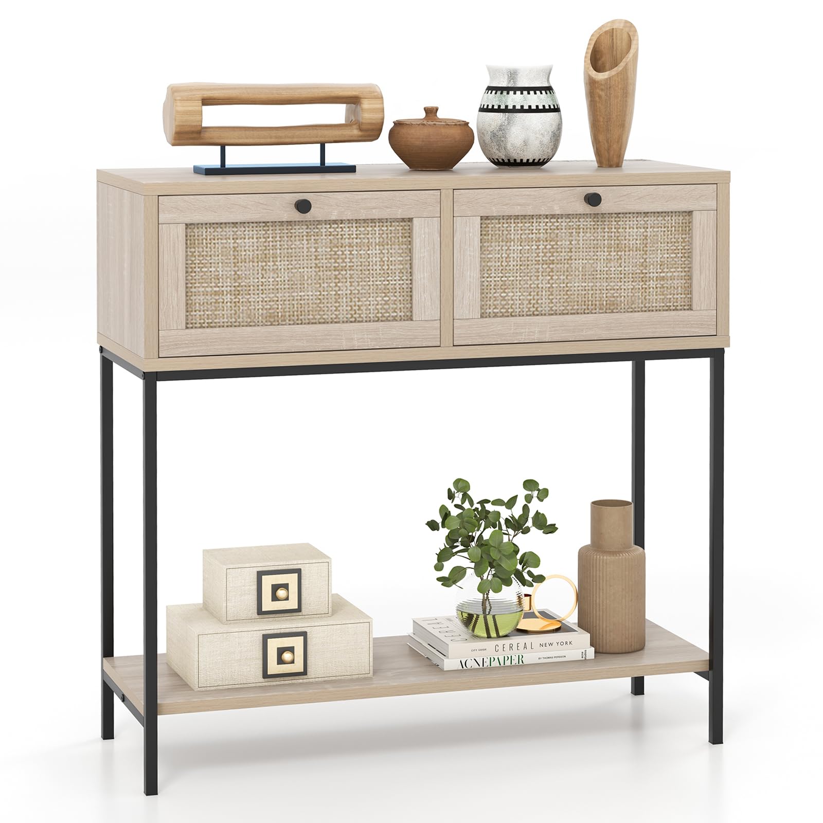 Giantex Console Table with Rattan Drawers - 31.5" Entryway Table w/ 2 Drawers & Open Storage Shelf, Metal Frame, Boho Style Long Sofa Side Table, Narrow Entry Table for Living Room Foyer Hallway
