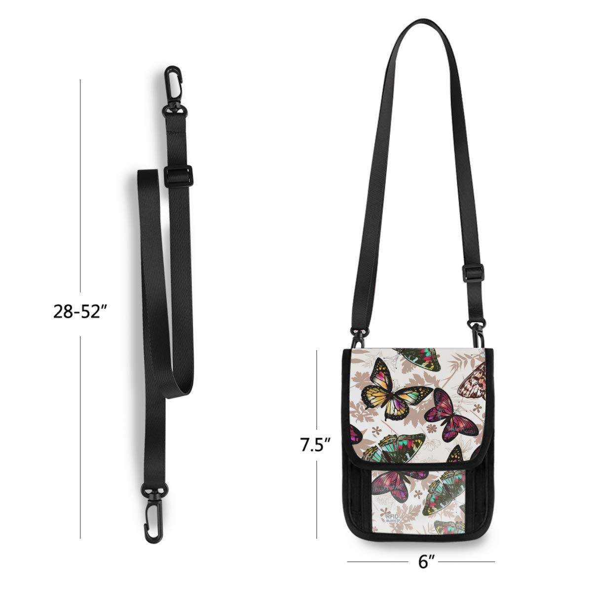 RFID Blocking Travel Neck Wallet - Butterfly Beautiful Passport Holder Neck Pouch for Women Men Waterproof Cash Documents Crossbody Pouch