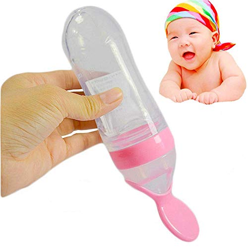 Silicone Squeeze Bottle Spoon Baby Feeding Cereal, Rice, Supplement with Dispensing Feeder, Food Dispensing Spoon, Infant Newborn Toddler Food Supplement Set- 90ml Pink