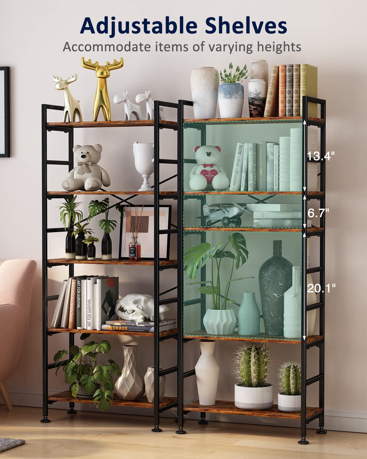 CosyStar 5-Tier Adjustable Tall Bookcase, Rustic Wood and Metal Standing Bookshelf, Industrial Vintage Book Shelf Unit, Open Back Modern Office Bookcases