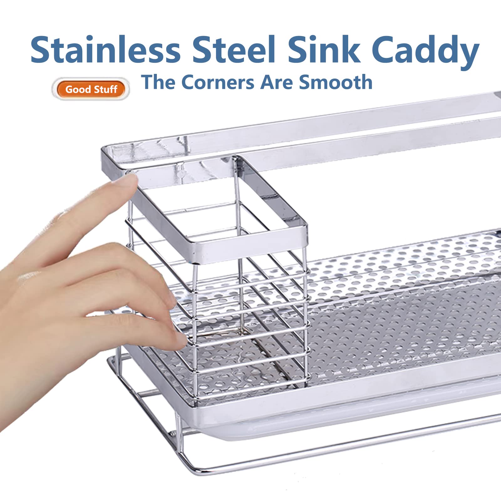 Cenekphy Kitchen Sink Caddy Organizer Rack Shelf Sponge Holder with Removable Drain Tray, Stainless Steel Rustproof Soap Dish Scrub Scrubber Brush Dispenser, Countertop Storage with 4 Sponges, Silver