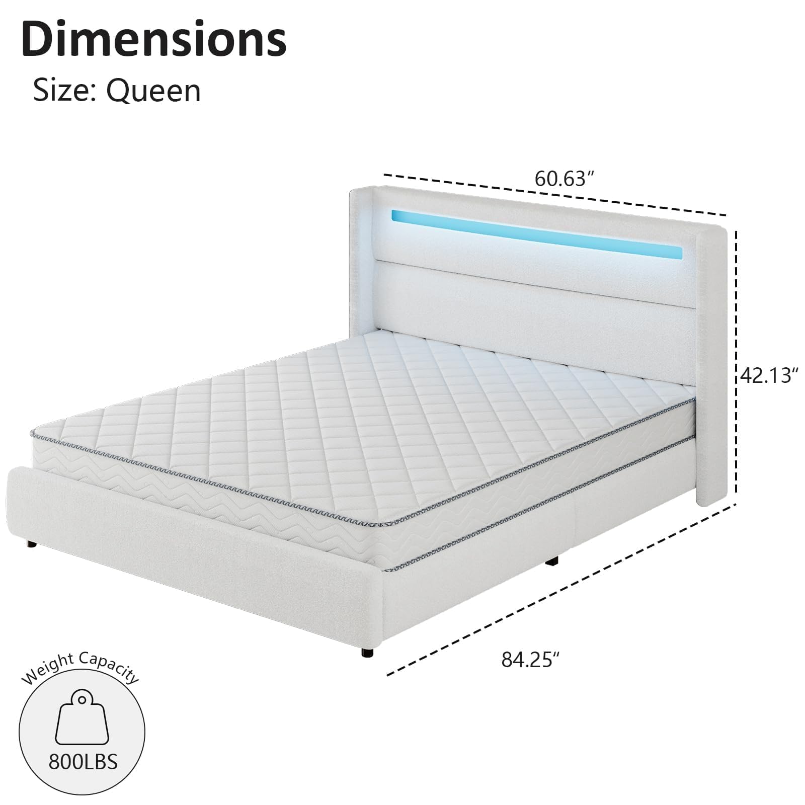 HOMBCK Queen Size Boucle Bed Frame with Headboard, Upholstered Platform Bed with Wood Slats, Soft Bed Frame with Wingback, No Box Spring Required, Easy Assembly, White