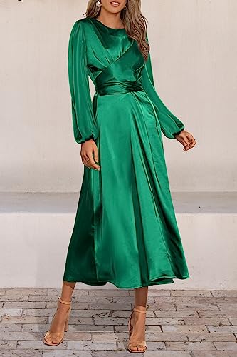 PRETTYGARDEN Women's Fall Fashion 2023 Long Sleeve Satin Dress Tie Back Casual Flowy Midi Dresses (Dark Green,Medium)