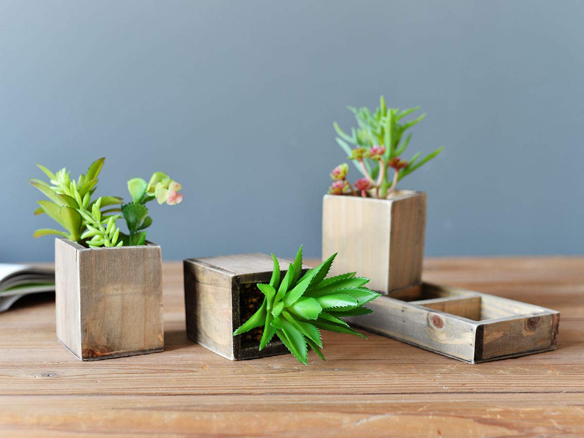 Set of 3 Fake Succulents Plants, Artificial Succulents with Rustic Style Wood Square Pots & Rectangular Tray, Desktop herb Garden Mini Faux Succulents for Home Décor