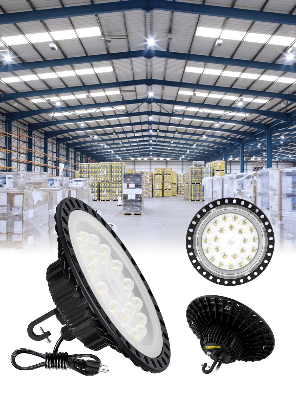 FAMURE LED UFO High Bay Light, 2Pack 100W 12000LM with Plug 5ft Cords Led 6000K Workshop Lighting IP65 Waterproof Outdoor Security Light led floodlight Garage Lighting LED Commercial Bay Lighting