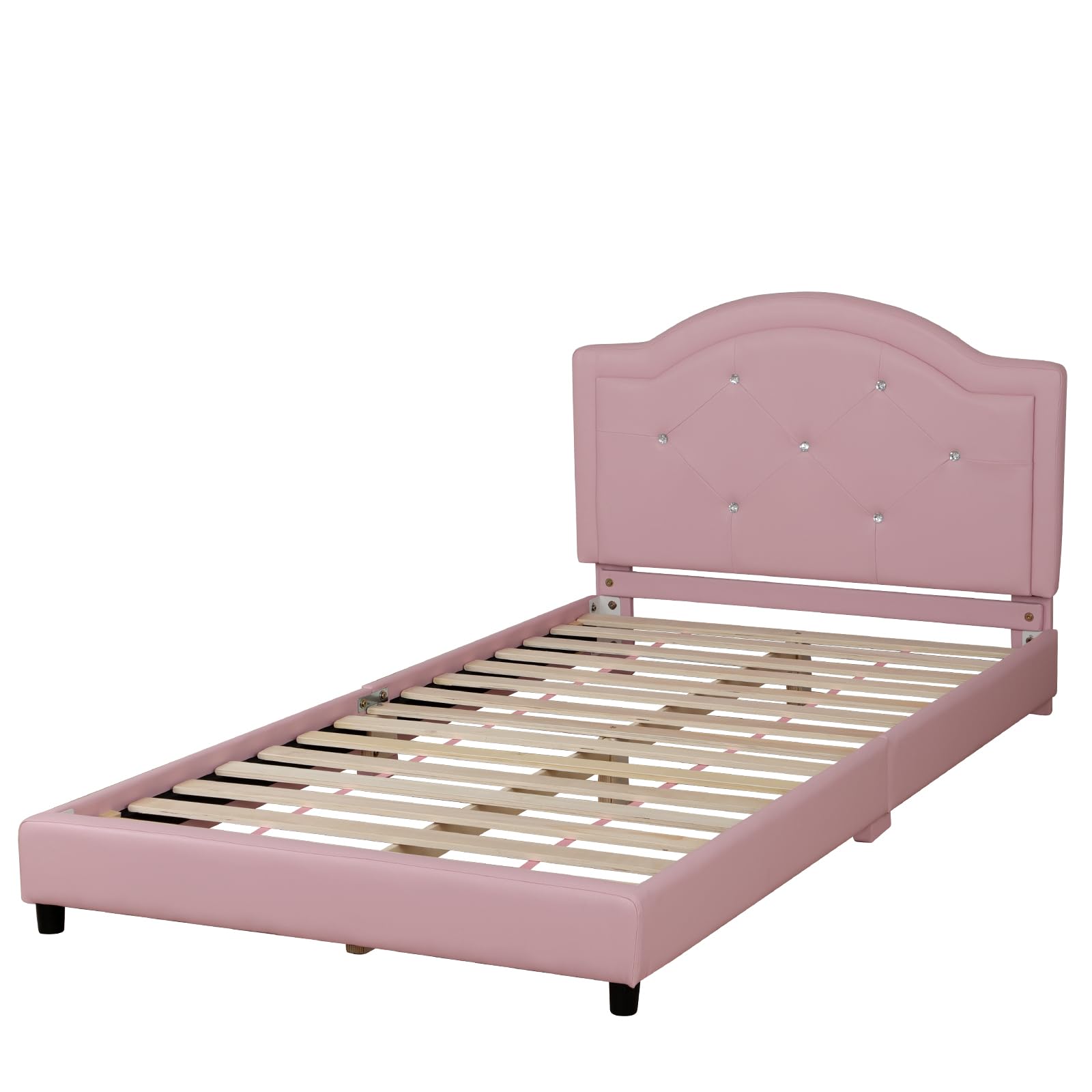 Leather Kids Twin Bed , Crystal Button Adjustable Height Headboard Children's Bed, Wooden Slat Base Toddler Bed ,Upholstered Twin Bed for Kid, Fits Standard Twin Mattress(75"Wx39"D) (Pink)