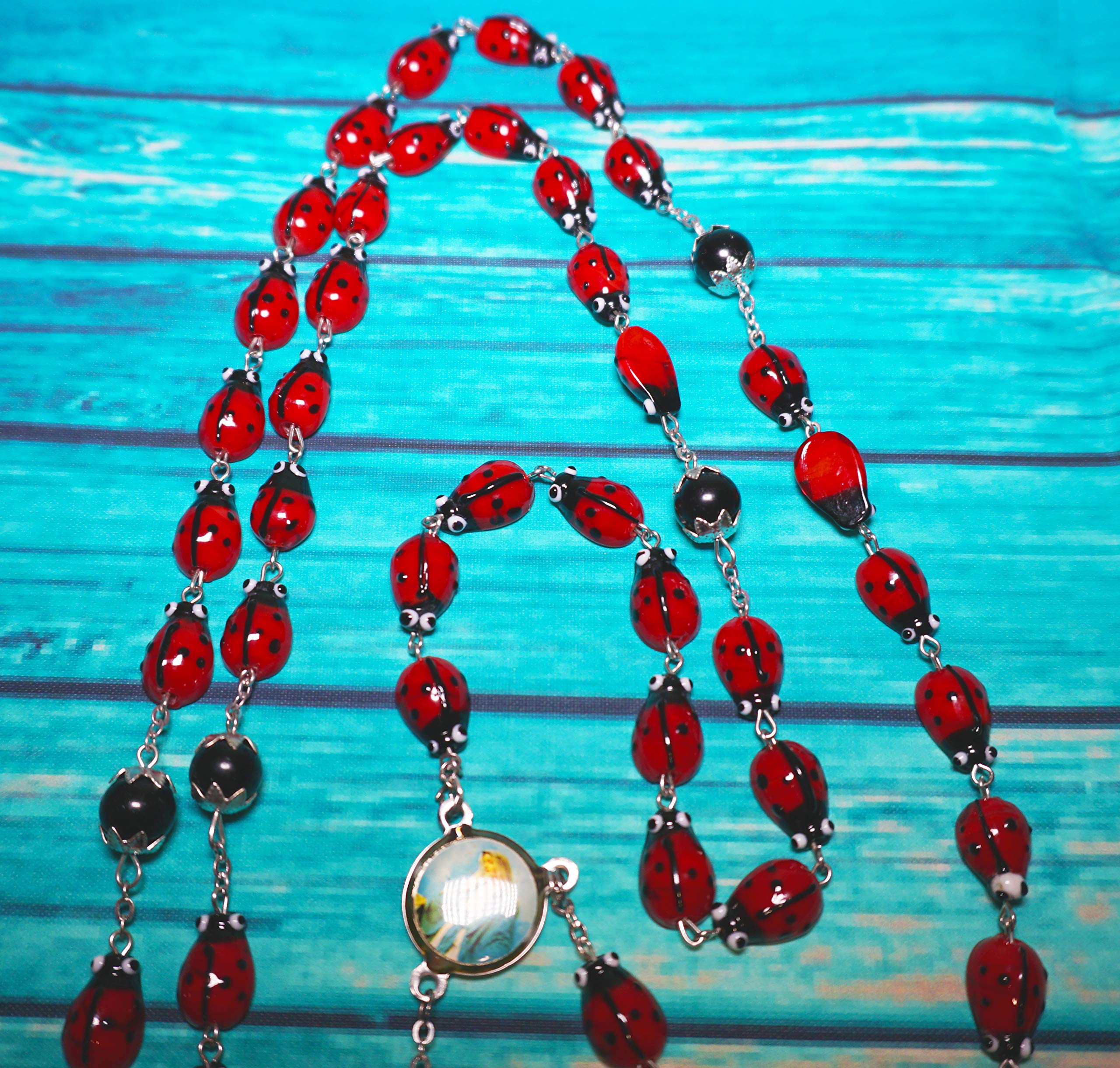col-p Catholic Steel Rosary Ceramic Ladybug Devotional 29" inch long centerpiece Lady of Grace Sanctified Papal Crucifix Zinc Alloy