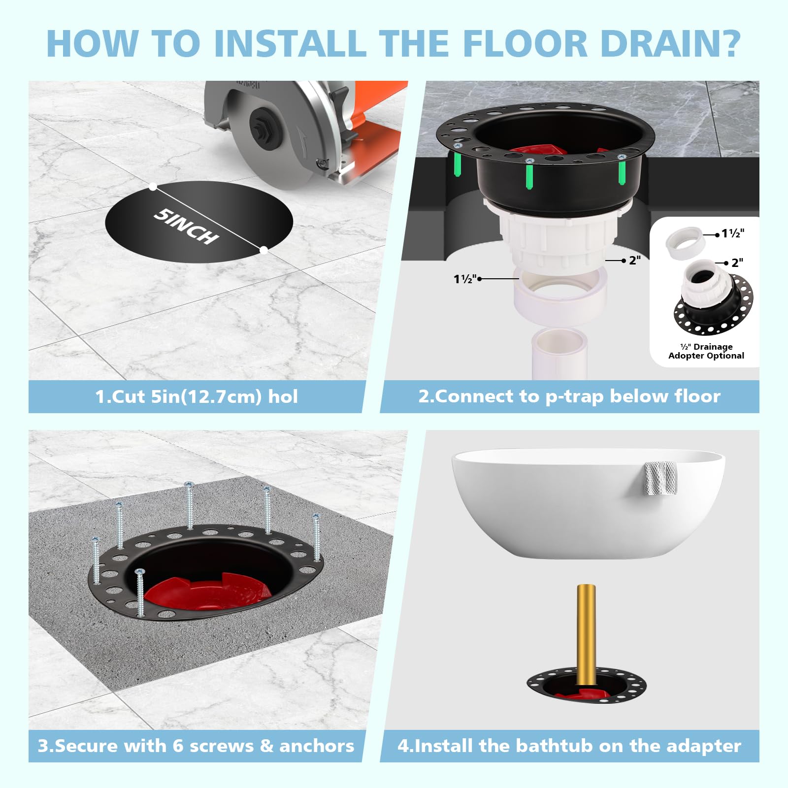 Freestanding Tub Drain Rough-in Kit, Bathtub Drain Kit with PVC Plastic Adapter and Brass Tail Pipes, Compatible with Freestanding Bathtub, Floor Mounted Bathtub and Copper Bathtub