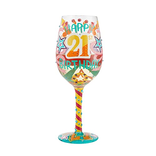Enesco Designs by Lolita Happy 21st Birthday Hand-Painted Artisan Wine Glass, 1 Count (Pack of 1), Multicolor