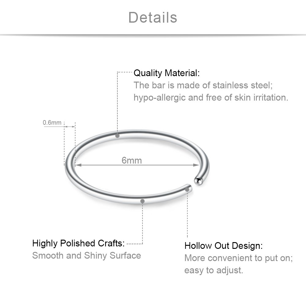 SCERRING 12PCS 22G Stainless Steel Fake Nose Septum Hoop Rings Lip Helix Cartilage Tragus Ear Ring Piercing 6mm - Silver
