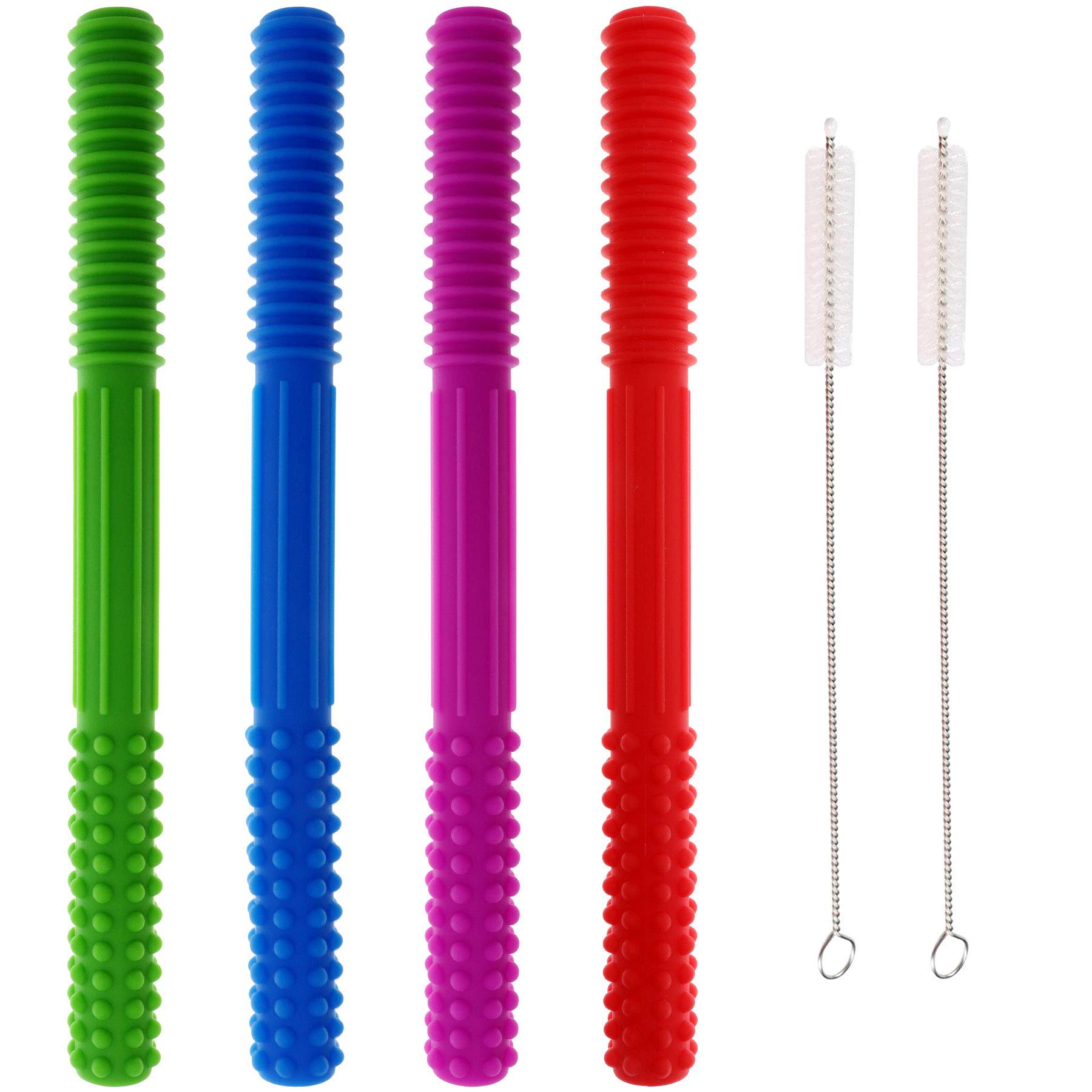Munchewy Sensory Teething Tubes(4 Pack), Soft Silicone Hollow Teether Chew Toy for Babies, Toddlers, Kids, Boys, Girls with Autism, ADHD, SPD, Biting, Teething, Sensory Needs(Blue,Green,Purple,Red)