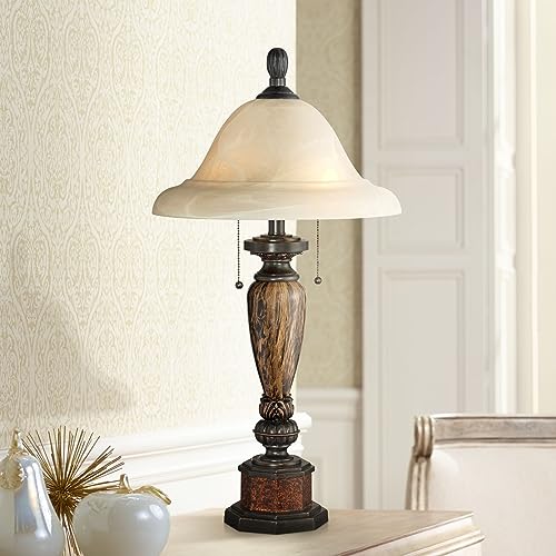 LAYSSA Traditional Table Lamp 28" Tall Warm Bronze Marble Alabaster Glass Shade for Bedroom Living Room Bedside Nightstand Office