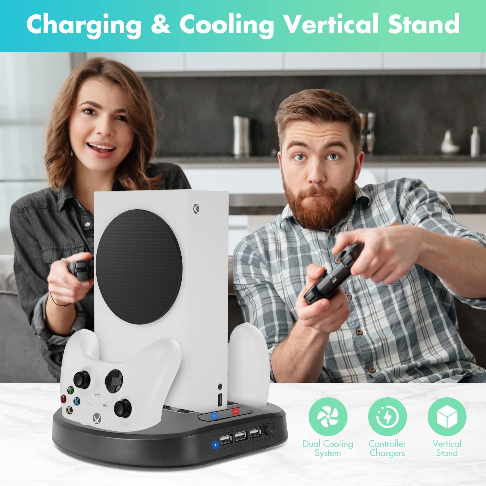 Cooling Stand Compatible with Xbox Series S, Cooling Fan with Dual Controller Charger Ports, Charging Station Dock, LED Indicator, 3 USB Ports, Black