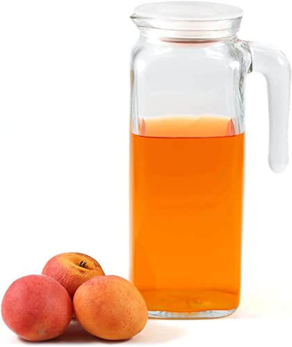 Friwer Glass Jug With Airtight Frosted Lid, Easy Pour Spout & Handle â For Water, Juice, Iced Coffee & Iced Tea, 34 Ounce (1 Liter)
