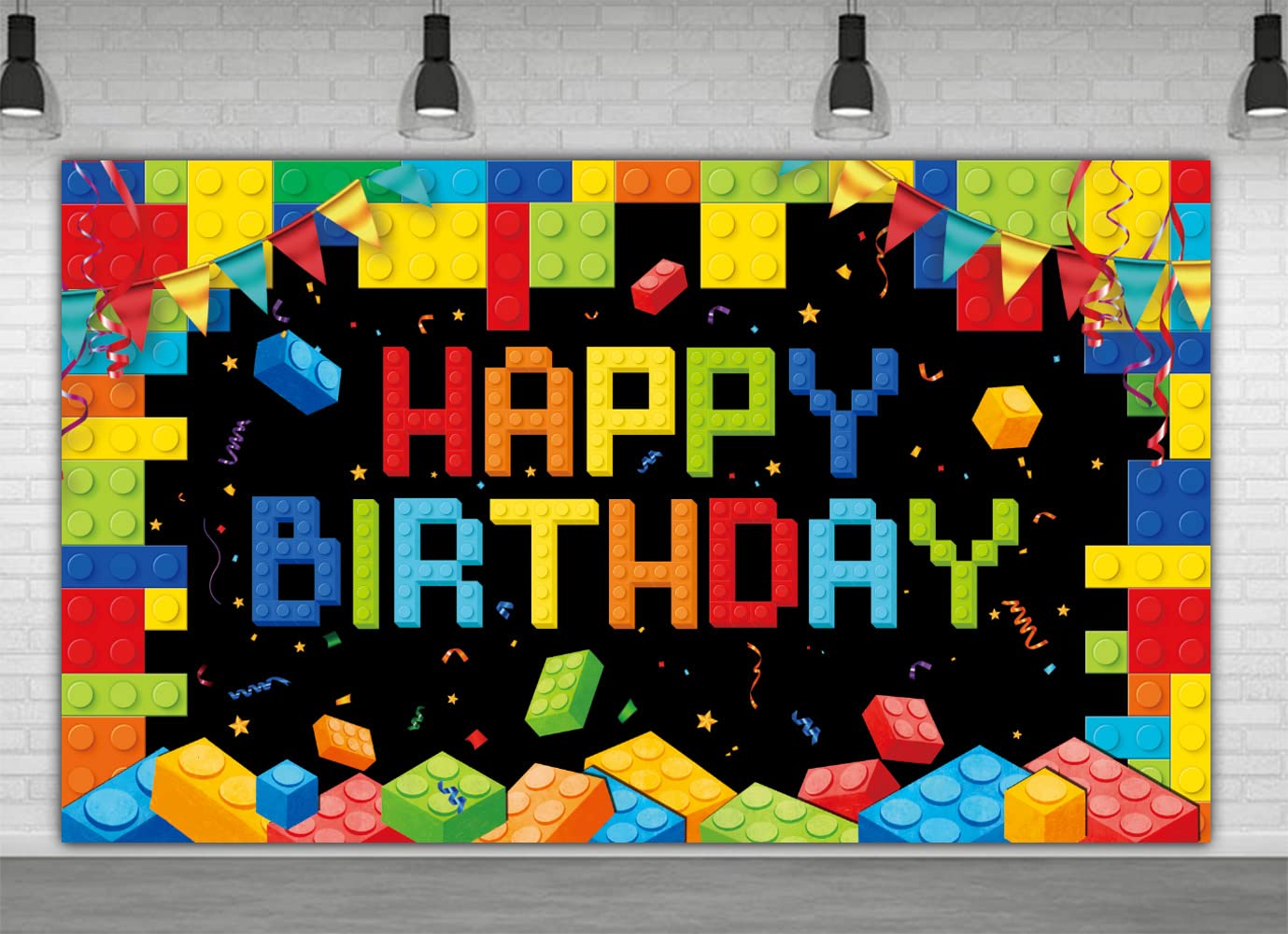 CHXSM 6 X 3.6ft Colorful Building Blocks Happy Birthday Banner Backdrop Party Supplies Decoration Brick Photography Background Kids Decor