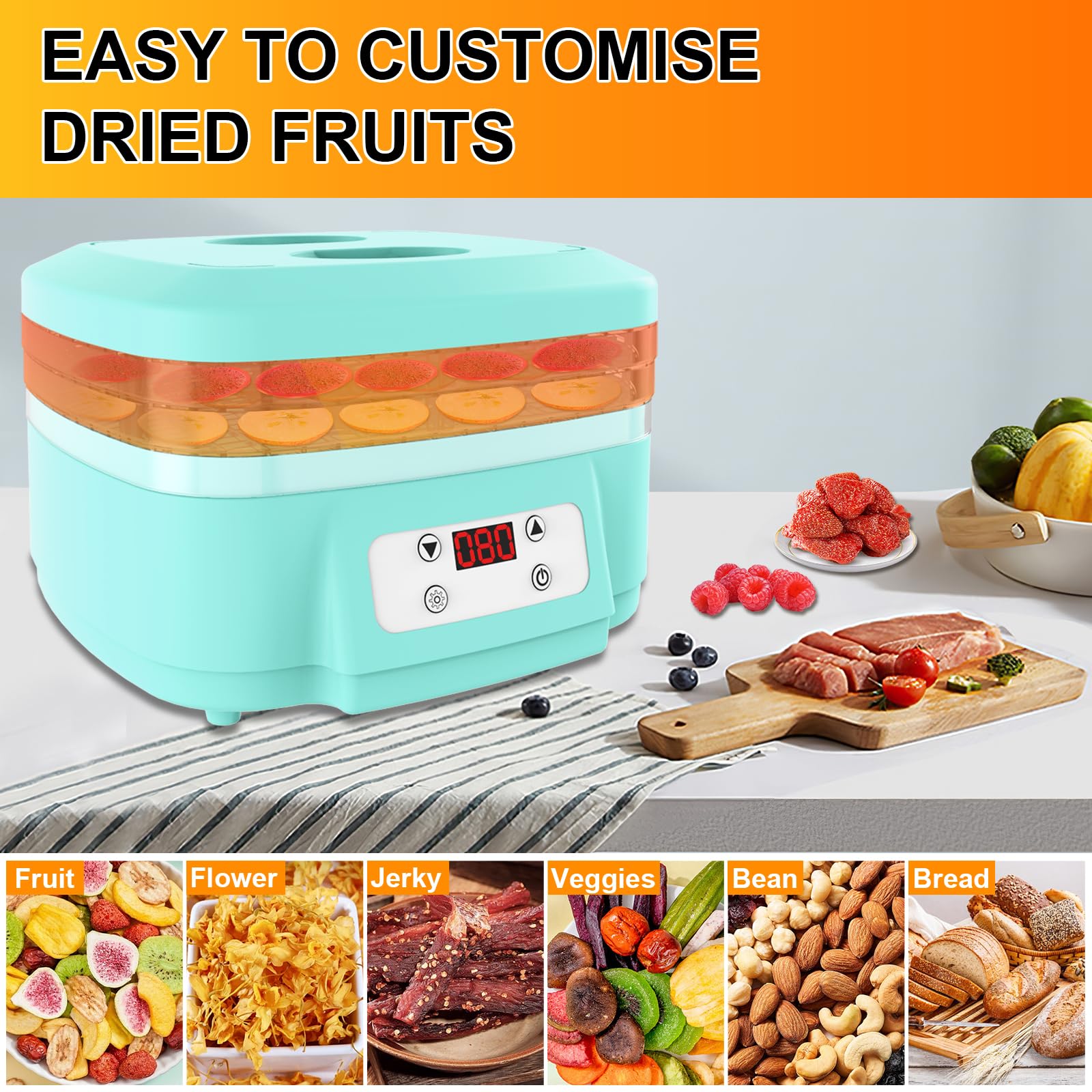FREZORA Food Dehydrator Machine for Fruit and Jerky, Fruit,Vegetables and More, 3 BPA-Free Trays, Adjustable Temperature, 24 Hour Timer + Auto Shutoff