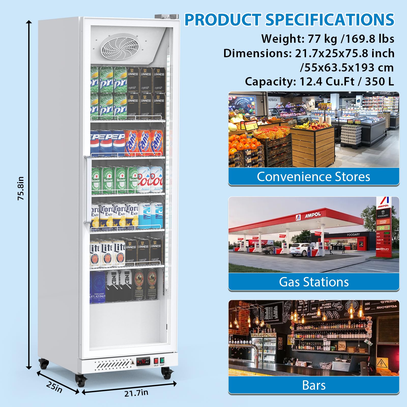 GarveeHome Commercial Display Refrigerator, 12.4 Cu.Ft. Beverage Refrigerator Glass Door Beverage Cooler, Upright Merchandiser Cooler Display Fridge with LED Light and Adjustable Shelves