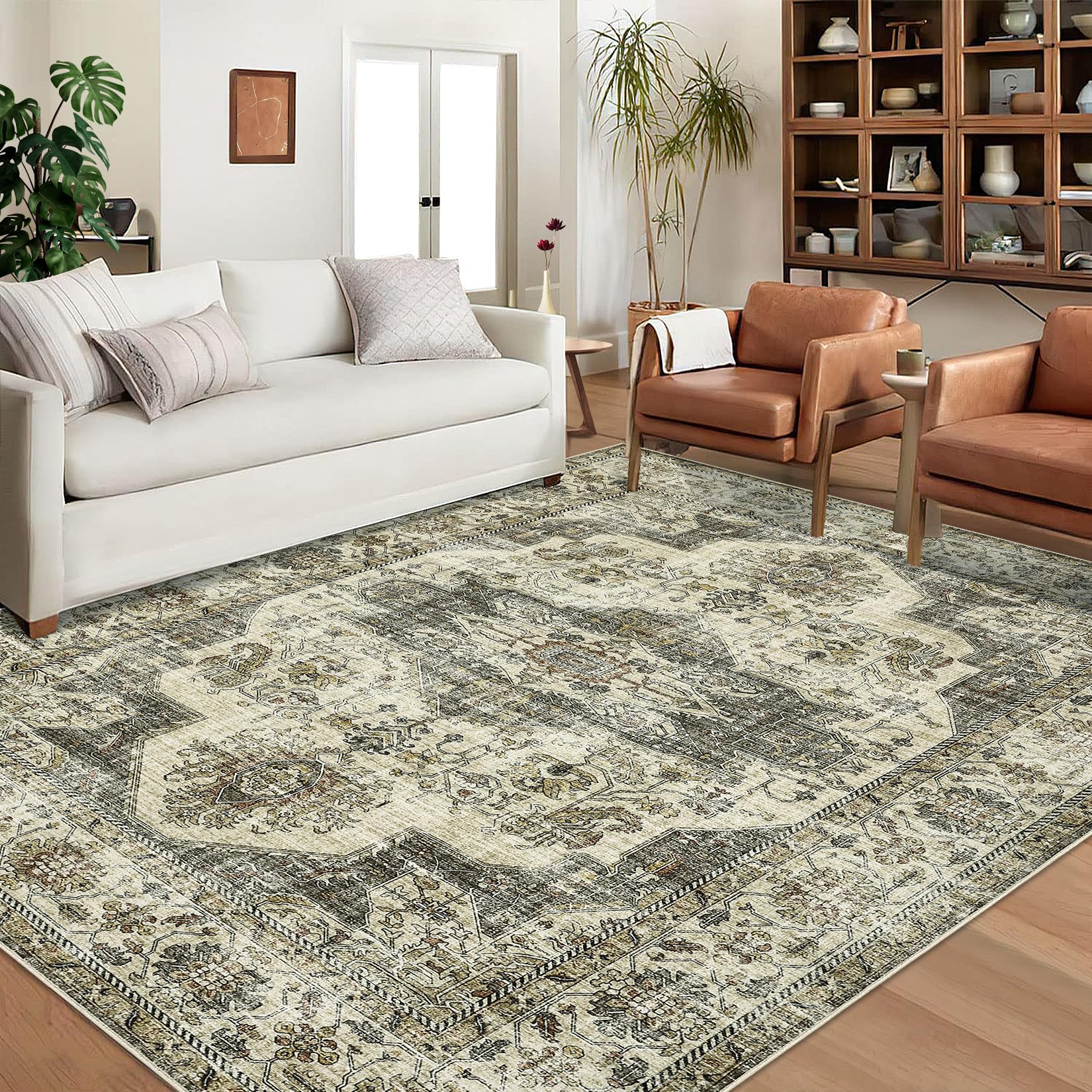 GarveeHome 9x12 Area Rug Washable Rugs for Living Room Vintage Rug Large Medallion Indoor Carpet Traditional Floral Print Distressed Carpet Non-Slip Backing Foldable Thin Rug for Bedroom Dining Taupe