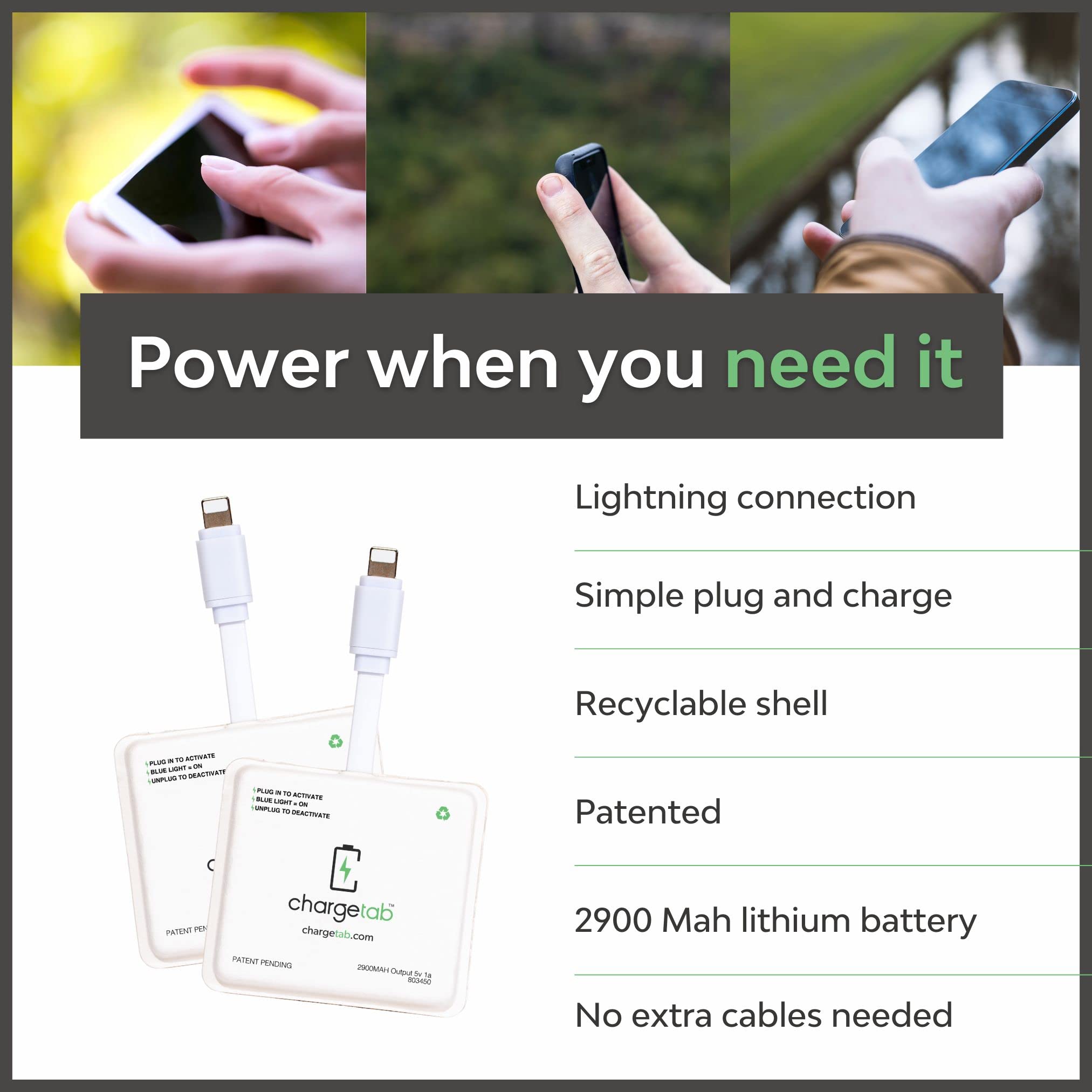 ChargeTab New V4 Emergency Portable Cell Phone Power, iPhone Compatible Lightning Charger, Pre-Charged Battery Pack with 2 Year Shelf Life (2900mAh Each) (6 Pack)