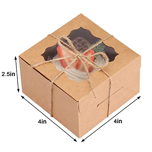 Moretoes 30 Pack Mini Cookie Boxes 4 Inch Bakery Boxes with 66ft Twine Small Brown Kraft Cake Boxes with Window for Cupcakes, Pies, Donuts(4x4x2.5 Inch)