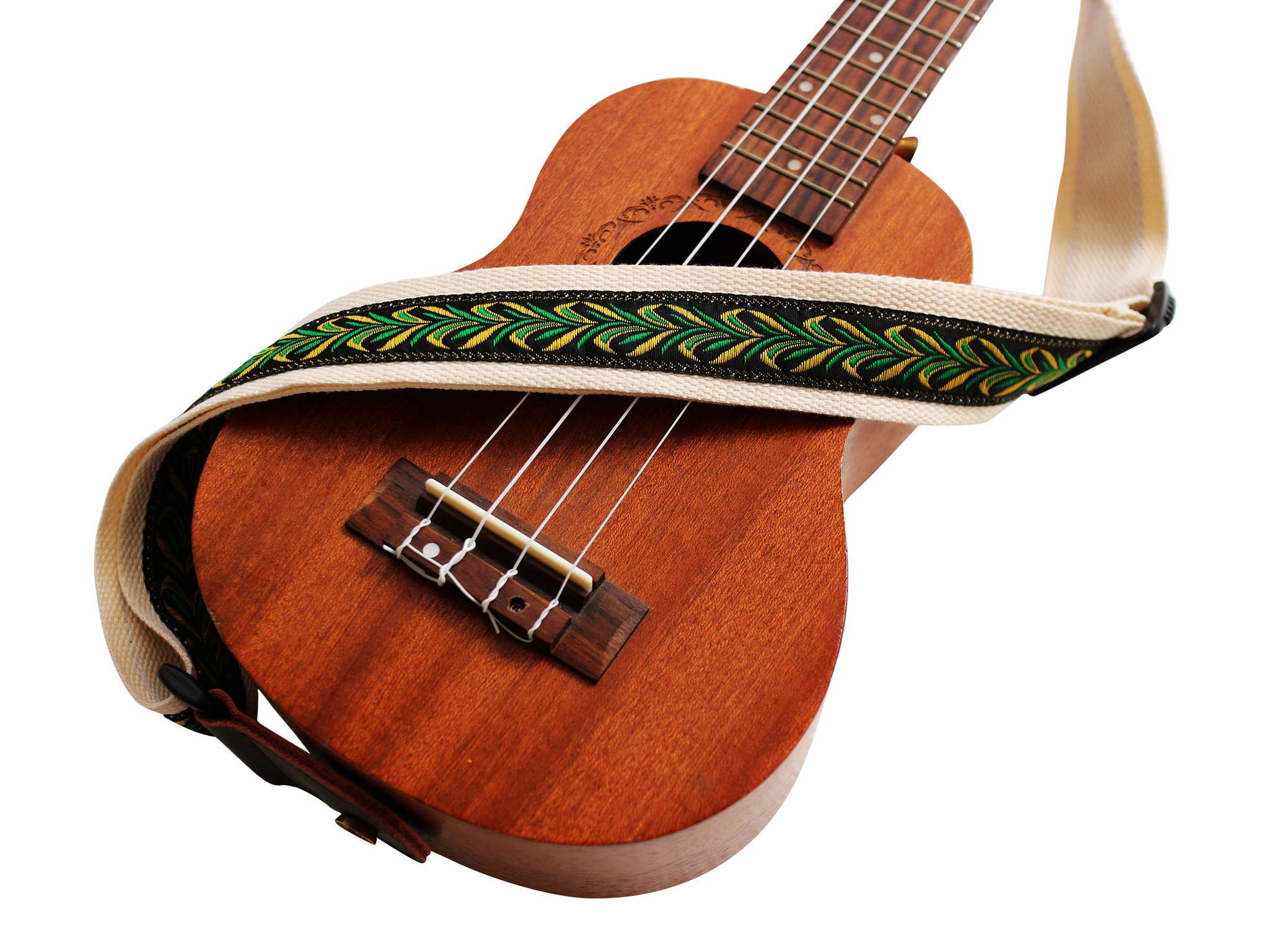 MUSIC FIRST Original Design Vintage Green Label Soft Meshbelt & Genuine Leather Ukulele Strap Ukulele Shoulder Strap With a Genuine Leather Strap Locker