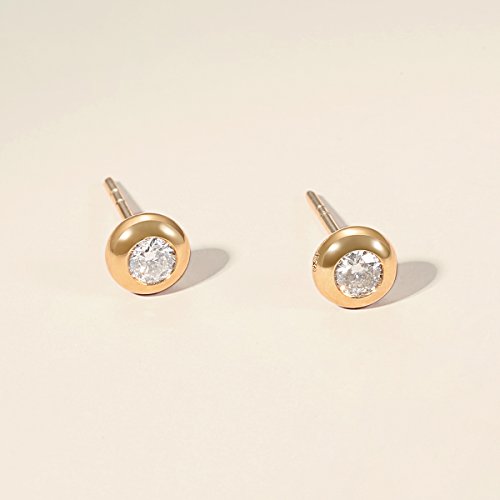 Carleen Solid Real 18K Yellow Gold Solitaire Bezel Set 0.1cttw Round Sparkling Genuine Diamond Small Tiny Stud Earrings for Women Girls, Diameter 3.8mm