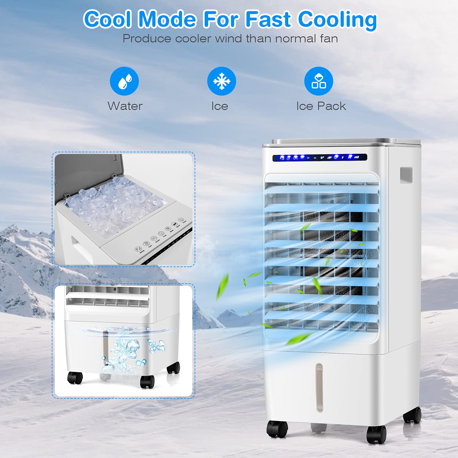 COSTWAY Portable Evaporative Air Cooler for Room, Include Remote Control, 4 Ice Packs, Portable Bladeless Fan with 3 Modes, 3 Speeds, 7H Timer, 6L Water Tank, Air Cooler for Indoor Use, Bedroom, White