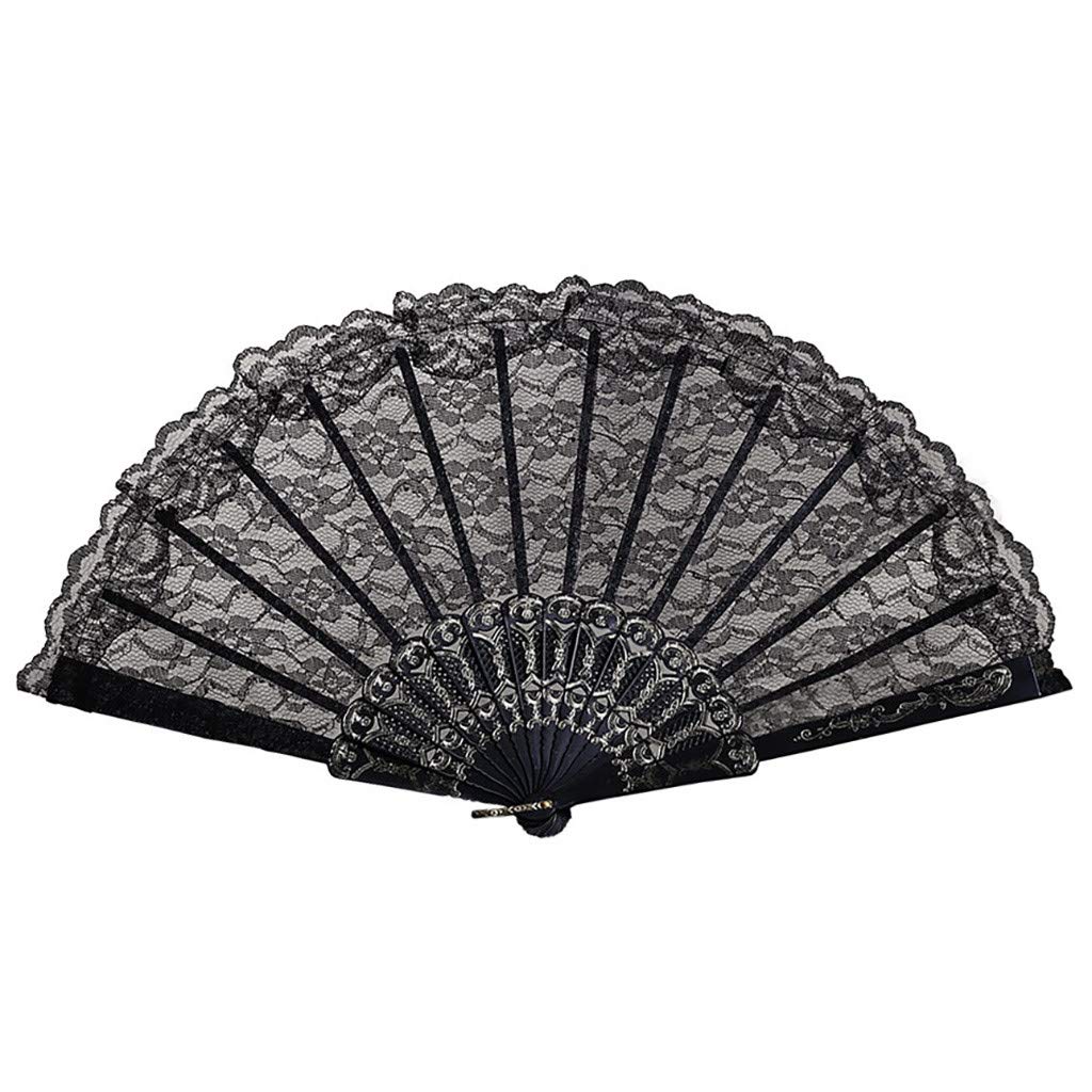 Fan Lace Wedding Chinese Silk Style Party Folding Hand Flower Dance Held Fans Wall Mount Fan Small (Black, One Size)