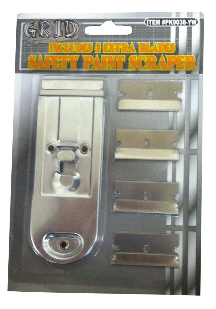 GRID Safety Paint Scraper | Retractable Blade | 4" (10.2 cm) x 1.5" (3.8 cm) Silver | All-Metal Construction | 4 Extra One-Edged Razor Blades Included | Ideal for Glass, Tile, Ceramics & Floors