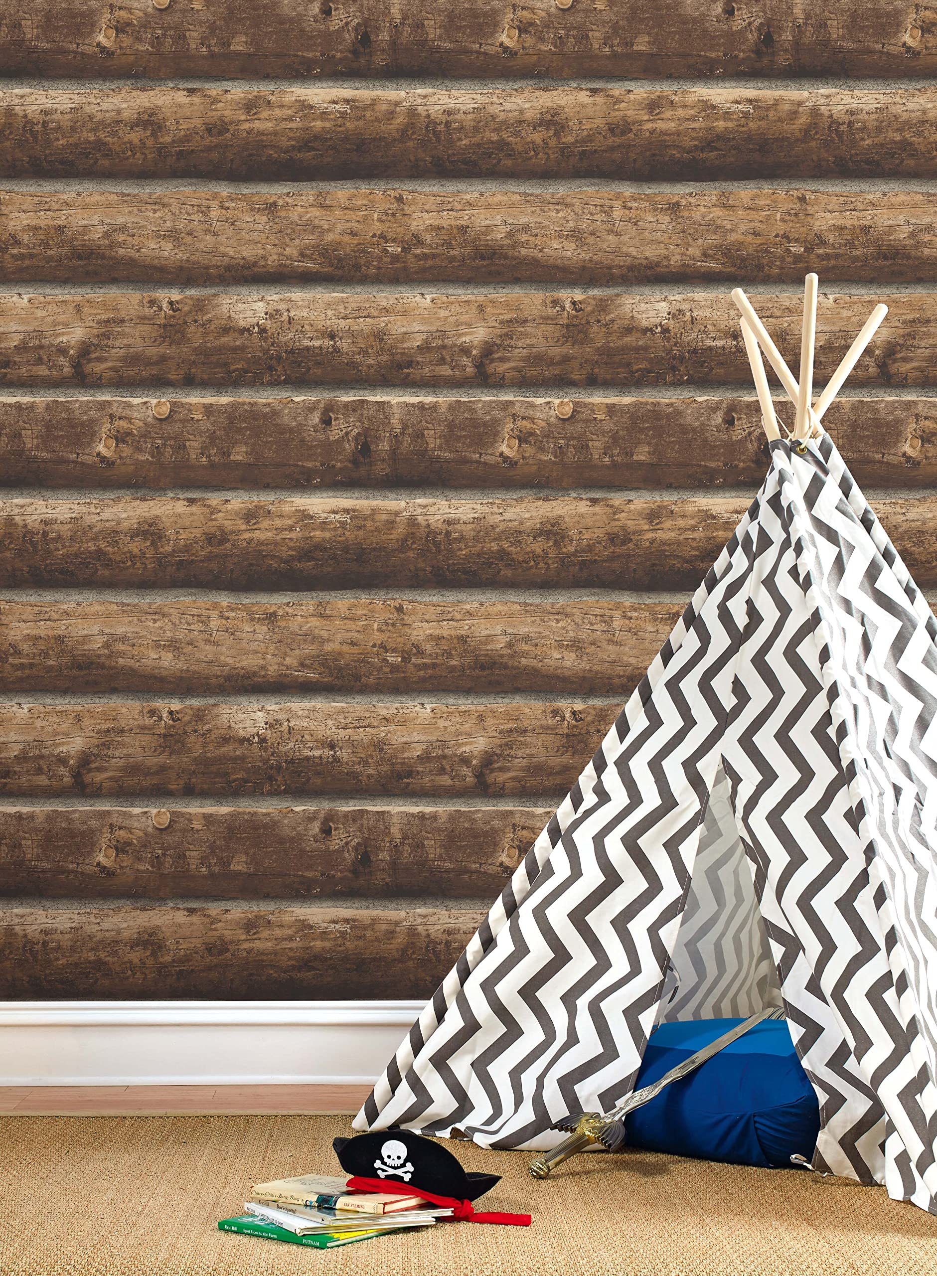 NextWall Faux Log Cabin Peel and Stick Wallpaper