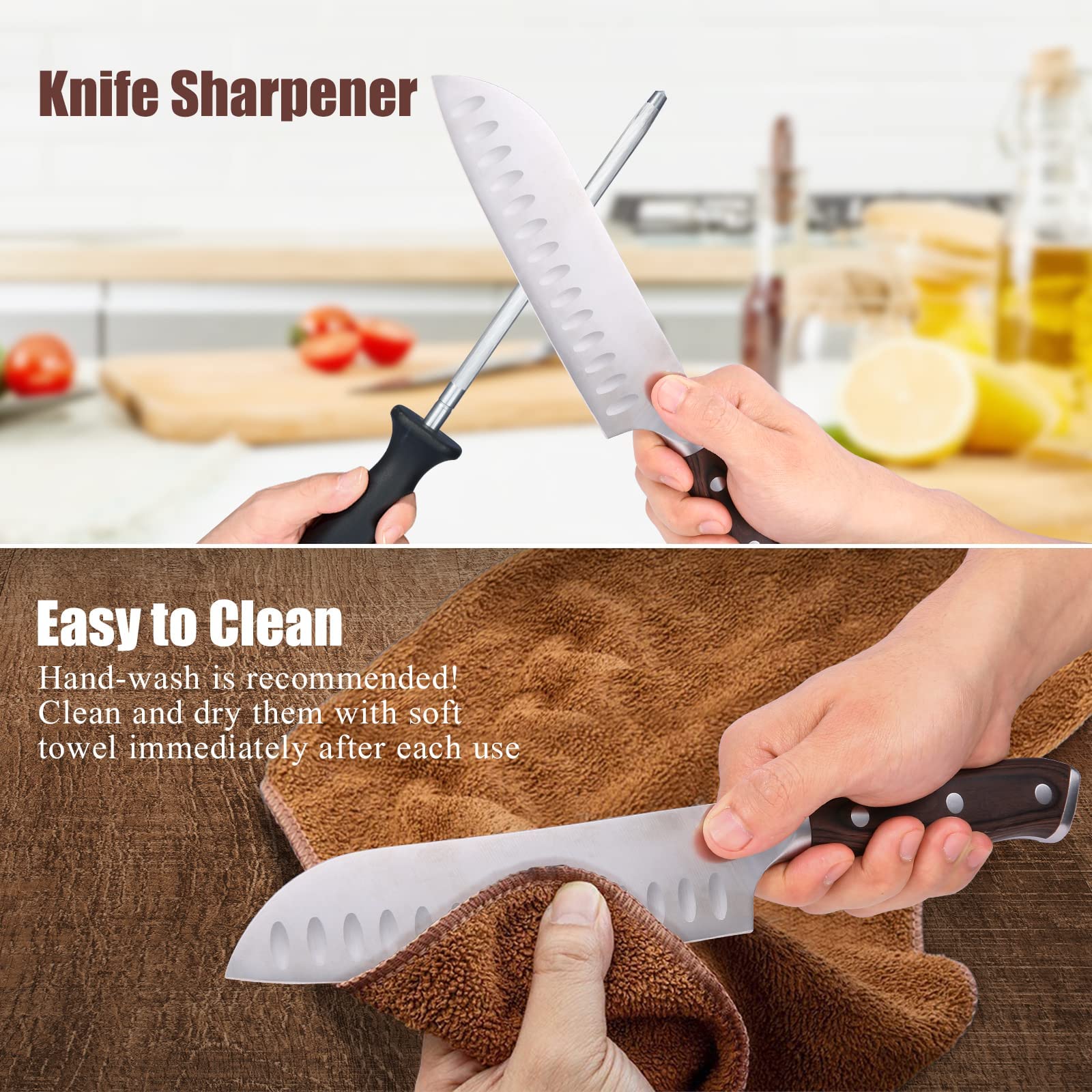 Enfmay 15 Pieces Kitchen Knife Set, Professional Kitchen Knives, Household Cutting Knives Set for Kitchen, Made of Germany 1.4116 Stainless Steel, Extra Sharpness Kitchen Knife Set with Block