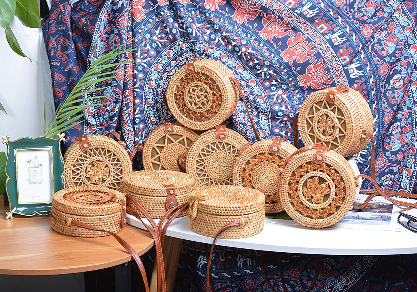 SHAREYOIU Handwoven Round Rattan Bag Shoulders Natural Chic Hand Tropical Beach Style Woven with Leather Strap (Pure, 7 x 3.2 inches)