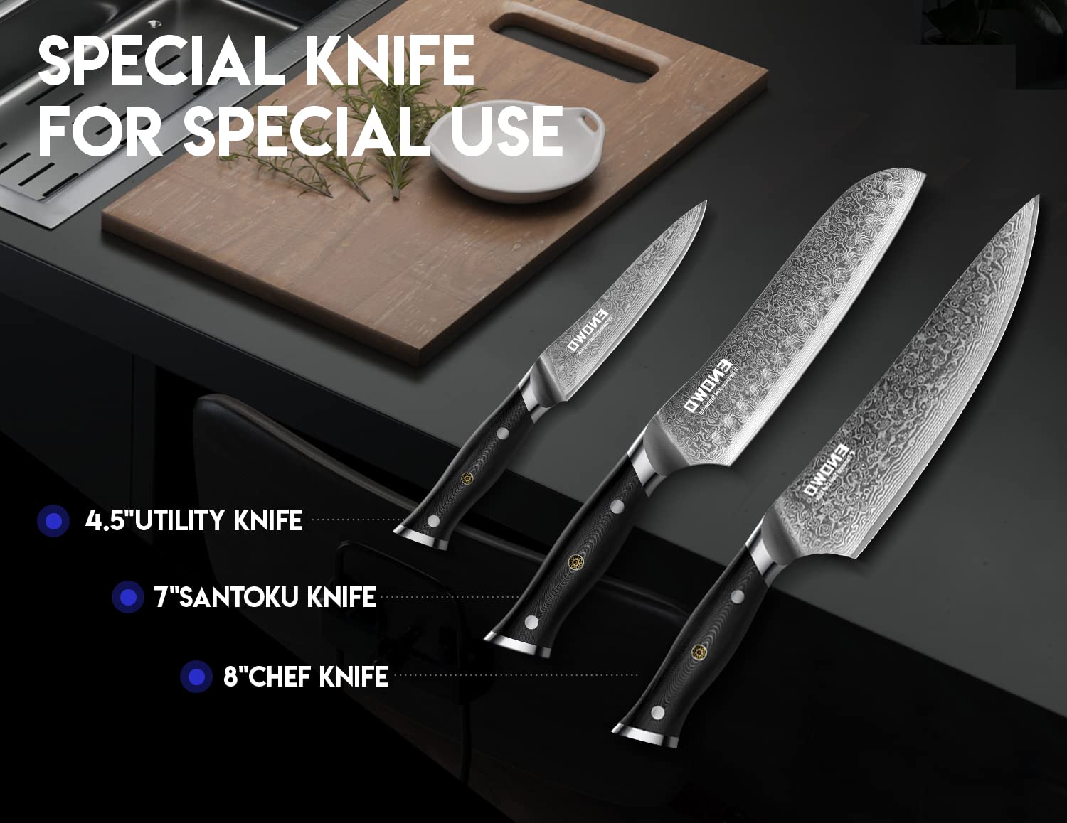 enowo Damascus Knife Set 3 PCS,Razor Sharp Kitchen Knives Made of Japanese Damascus Steel VG10, Well-Balanced Damascus Chef Knife set with Premium G10 Full Tang Handle Triple Rivet Gift Box