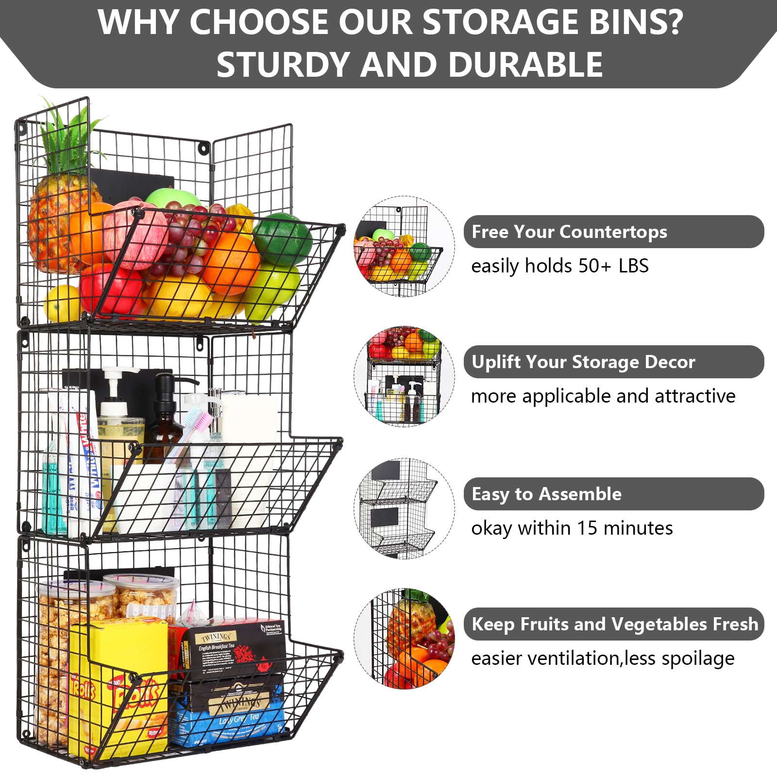 HRAYLTOP 3 Tier Wall Mounted Metal Wire Fruit Storage Basket, Hanging Kitchen Fruit Produce Storage Bins Organizer with S-Hooks and Adjustable Chalkboards, Multipurpose Bathroom Rack/Stand(Black)