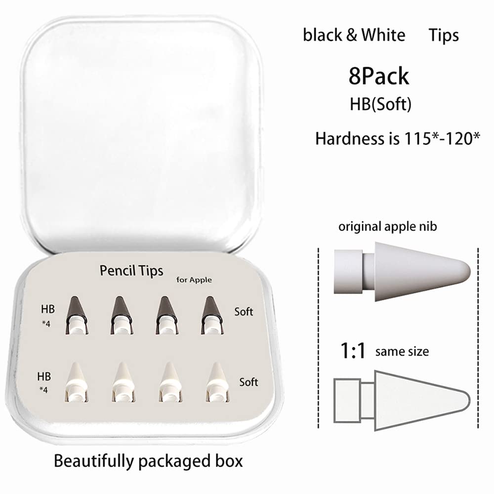 Double Layer Tips Compatible with Apple Pencil 2 Gen iPad Pro Pencil - Wear-Resistant Damping Nib for iPad Apple Pencil 1 st/Pencil 2 Gen White Black 8 Pack