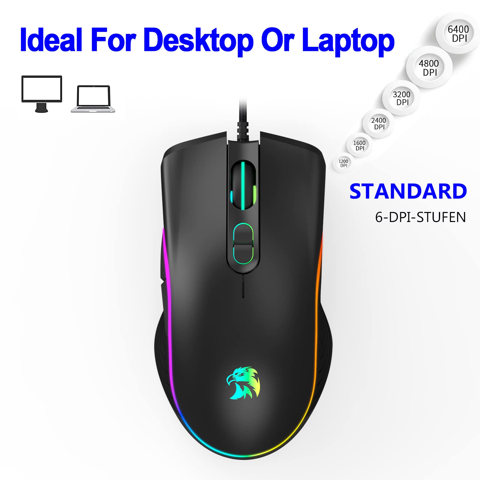 Corded Mouse Computer Wired Mouse-Optical Wired Mouse LED 6400DPI 6 Adjustable Levels-7 Button Ergonomic Backlit USB Computer Mice-Home and Office Mouse for Laptop PC Desktop Notebook