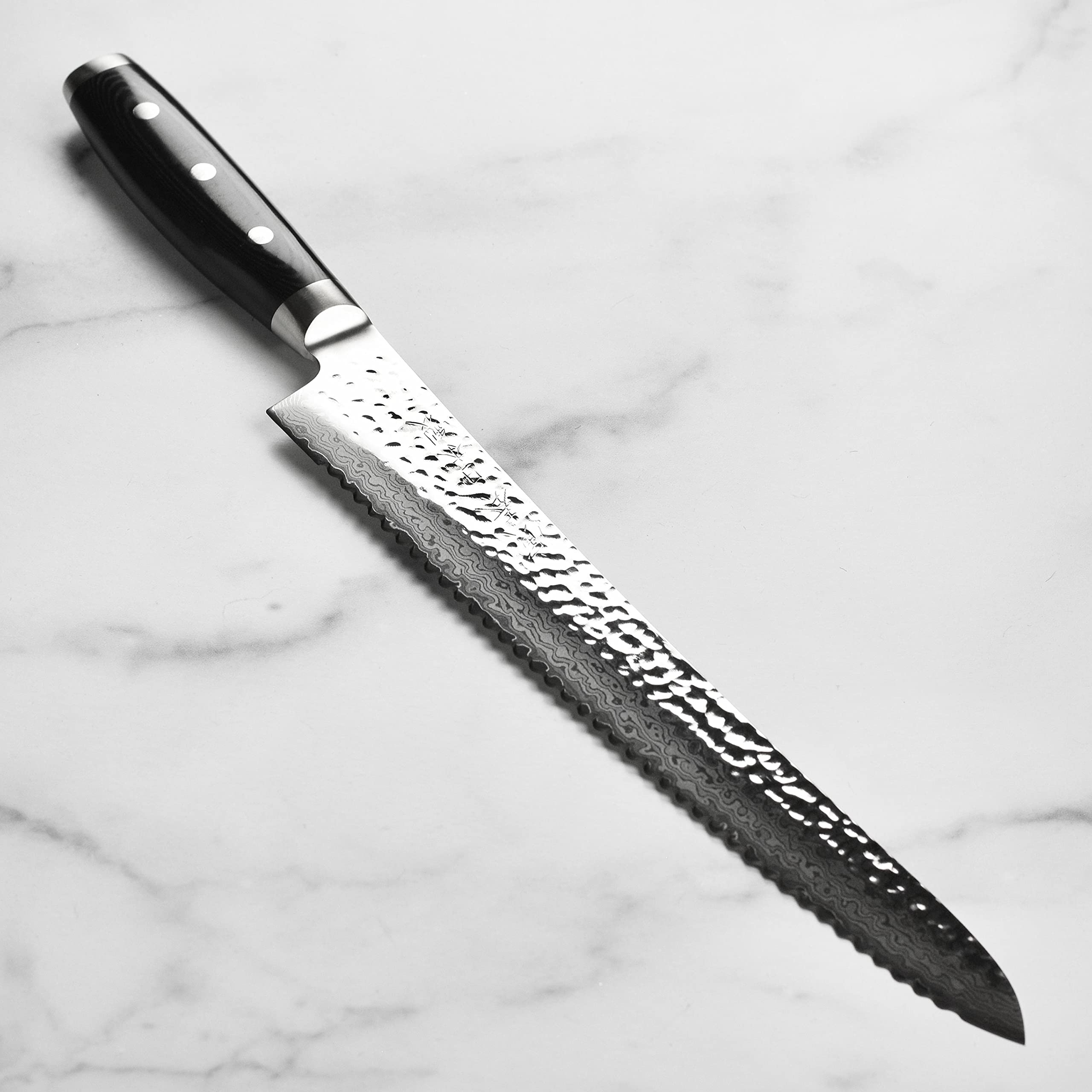 Enso 10.75" Bread Knife - Made in Japan - HD Series - VG10 Hammered Damascus Stainless Steel - Large Scalloped Slicing Knife for Breads, Melons & Meats