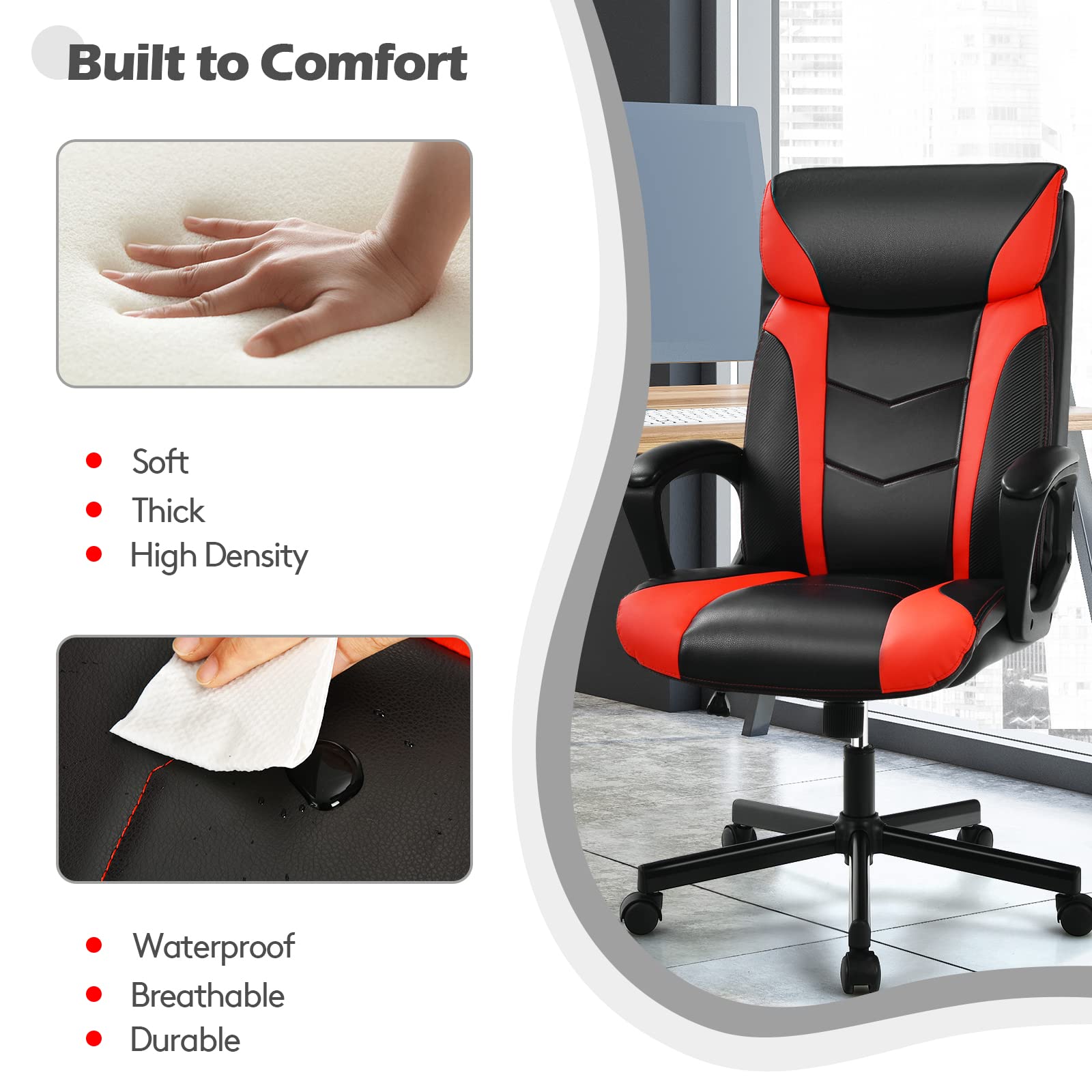 COSTWAY PU Leather Office Chair, Racing Style High Back Swivel Chair with Height Adjustable, Padded Headrest and Armrests, Ergonomic Computer Desk Executive Chair for Working Studying Gaming (Red)